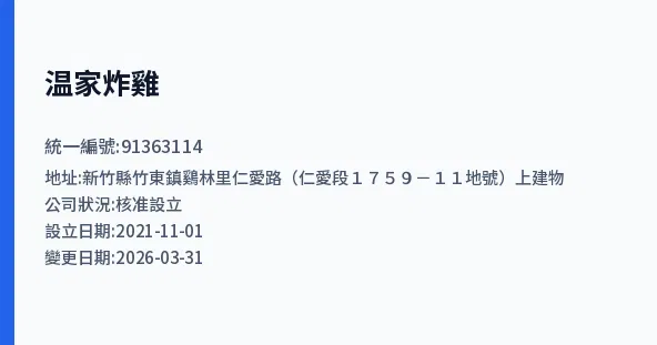 温家炸雞的照片-統編 91363114(新竹縣) 公司登記資料與營業項目詳細圖表