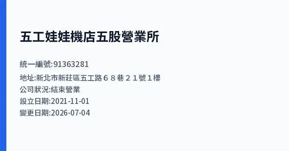五工娃娃機店五股營業所的照片-統編 91363281(新北市) 公司登記資料與營業項目詳細圖表