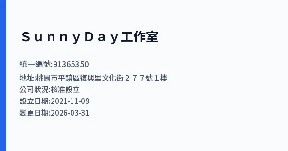 Sunny Day工作室的照片-統編 91365350(桃園市) 公司登記資料與營業項目詳細圖表