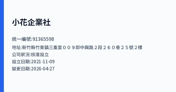 小花企業社的照片-統編 91365598(新竹縣) 公司登記資料與營業項目詳細圖表