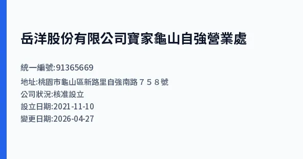 岳洋股份有限公司寶家龜山自強營業處的照片-統編 91365669(桃園市) 公司登記資料與營業項目詳細圖表