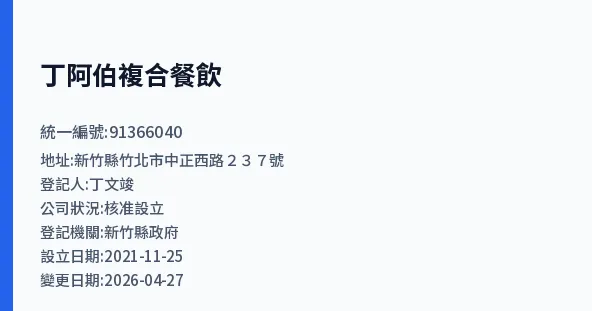 丁阿伯複合餐飲的照片-統編 91366040(新竹縣) 公司登記資料與營業項目詳細圖表