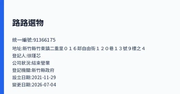 路路選物的照片-統編 91366175(新竹縣) 公司登記資料與營業項目詳細圖表