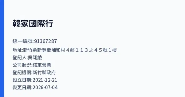 韓家國際行的照片-統編 91367287(新竹縣) 公司登記資料與營業項目詳細圖表