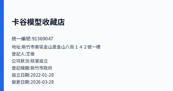 卡谷模型收藏店的照片-統編 91369047(新竹市) 公司登記資料與營業項目詳細圖表