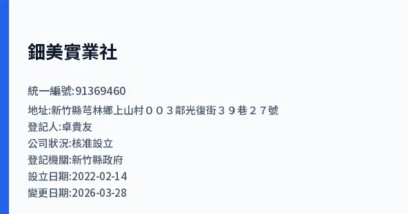 鈿美實業社的照片-統編 91369460(新竹縣) 公司登記資料與營業項目詳細圖表