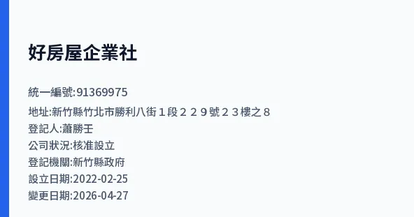 好房屋企業社的照片-統編 91369975(新竹縣) 公司登記資料與營業項目詳細圖表
