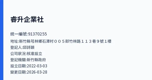 睿升企業社的照片-統編 91370255(新竹縣) 公司登記資料與營業項目詳細圖表