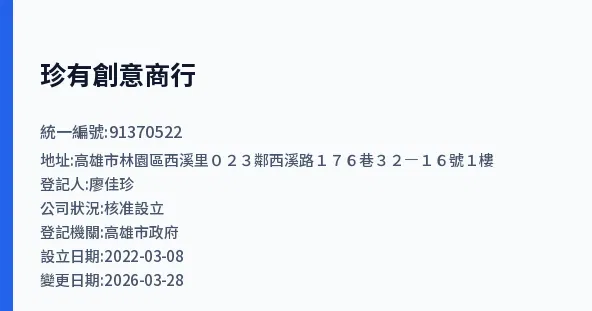 珍有創意商行的照片-統編 91370522(高雄市) 公司登記資料與營業項目詳細圖表