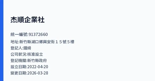 杰順企業社的照片-統編 91372660(新竹縣) 公司登記資料與營業項目詳細圖表