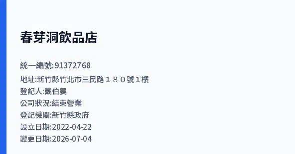春芽洞飲品店的照片-統編 91372768(新竹縣) 公司登記資料與營業項目詳細圖表