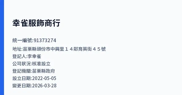 幸雀服飾商行的照片-統編 91373274(苗栗縣) 公司登記資料與營業項目詳細圖表