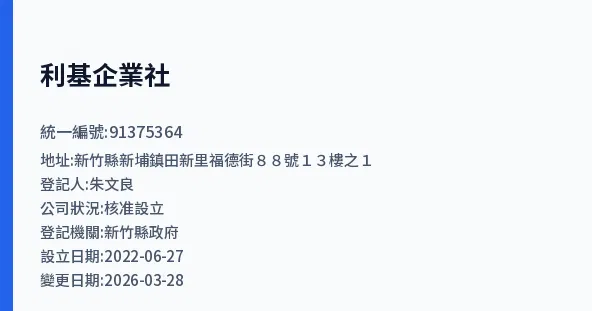 利基企業社的照片-統編 91375364(新竹縣) 公司登記資料與營業項目詳細圖表