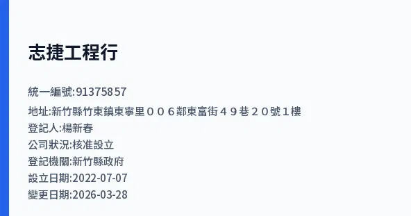 志捷工程行的照片-統編 91375857(新竹縣) 公司登記資料與營業項目詳細圖表