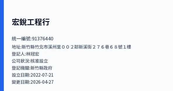 宏銳工程行的照片-統編 91376440(新竹縣) 公司登記資料與營業項目詳細圖表