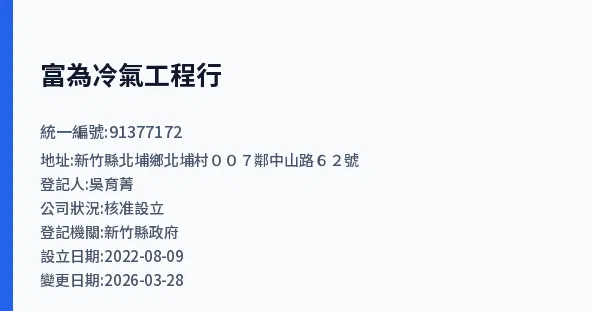 富為冷氣工程行的照片-統編 91377172(新竹縣) 公司登記資料與營業項目詳細圖表