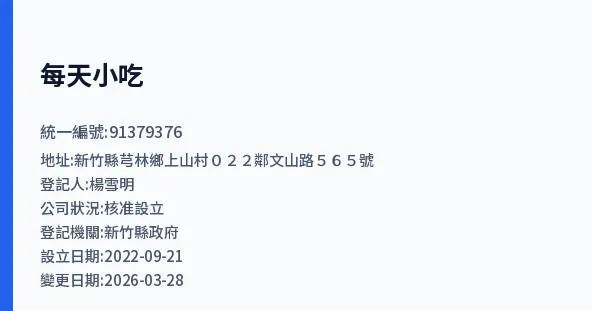 每天小吃的照片-統編 91379376(新竹縣) 公司登記資料與營業項目詳細圖表