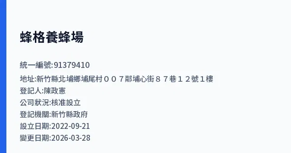 蜂格養蜂場的照片-統編 91379410(新竹縣) 公司登記資料與營業項目詳細圖表