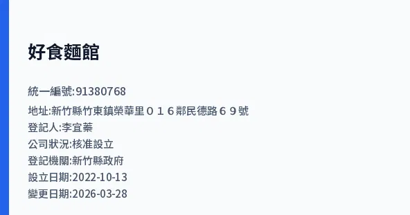 好食麵館的照片-統編 91380768(新竹縣) 公司登記資料與營業項目詳細圖表