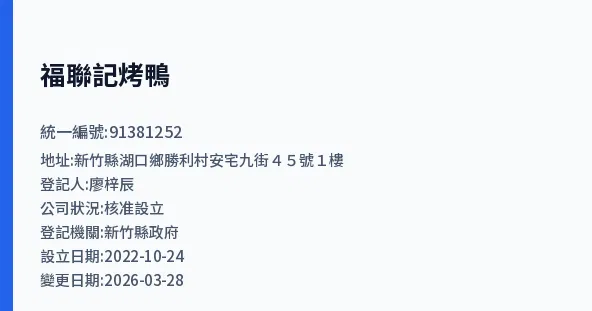 福聯記烤鴨的照片-統編 91381252(新竹縣) 公司登記資料與營業項目詳細圖表