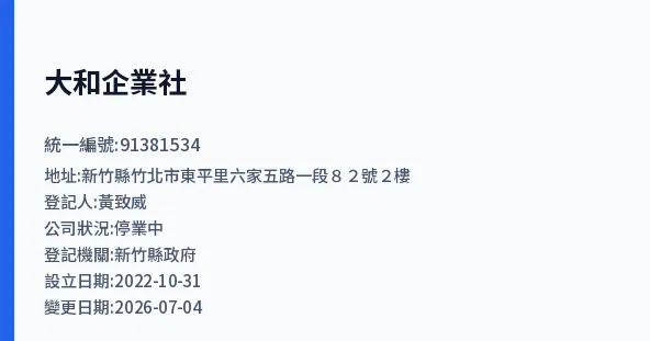 大和企業社的照片-統編 91381534(新竹縣) 公司登記資料與營業項目詳細圖表