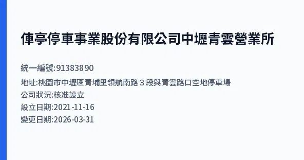 俥亭停車事業股份有限公司中壢青雲營業所的照片-統編 91383890(桃園市) 公司登記資料與營業項目詳細圖表