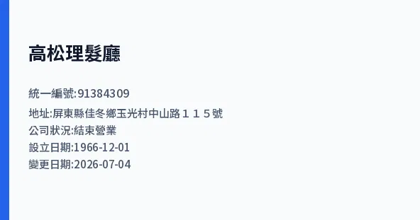 高松理髮廳的照片-統編 91384309(屏東縣) 公司登記資料與營業項目詳細圖表
