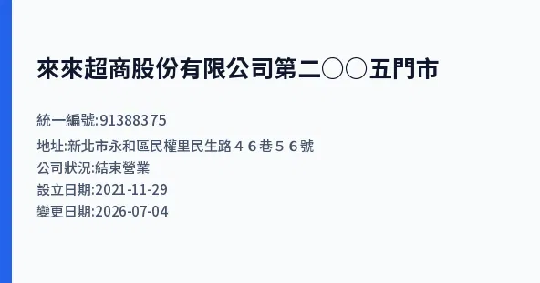 來來超商股份有限公司第二○○五門市的照片-統編 91388375(新北市) 公司登記資料與營業項目詳細圖表