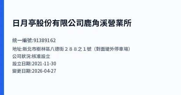 日月亭股份有限公司鹿角溪營業所的照片-統編 91389162(新北市) 公司登記資料與營業項目詳細圖表