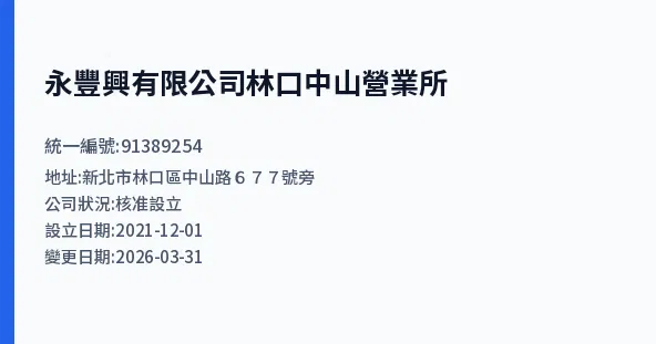 永豐興有限公司林口中山營業所的照片-統編 91389254(新北市) 公司登記資料與營業項目詳細圖表