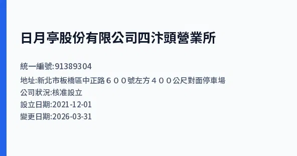 日月亭股份有限公司四汴頭營業所的照片-統編 91389304(新北市) 公司登記資料與營業項目詳細圖表