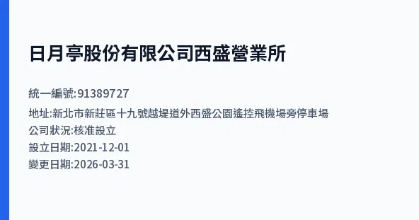 日月亭股份有限公司西盛營業所的照片-統編 91389727(新北市) 公司登記資料與營業項目詳細圖表