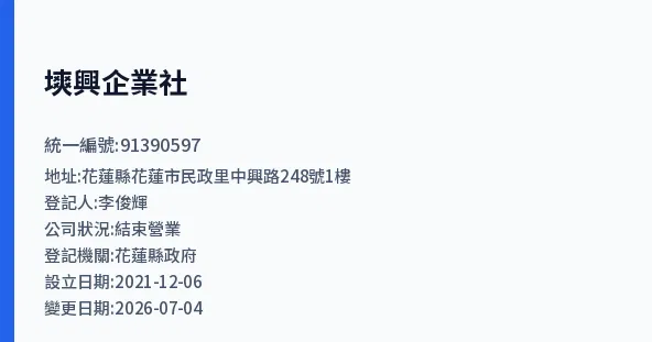 塽興企業社的照片-統編 91390597(花蓮縣) 公司登記資料與營業項目詳細圖表