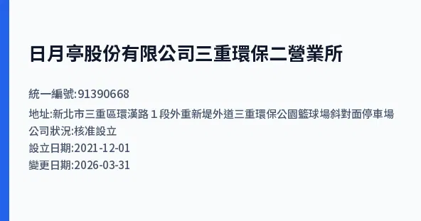 日月亭股份有限公司三重環保二營業所的照片-統編 91390668(新北市) 公司登記資料與營業項目詳細圖表