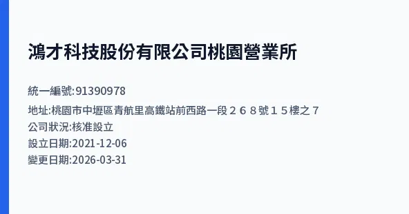鴻才科技股份有限公司桃園營業所的照片-統編 91390978(桃園市) 公司登記資料與營業項目詳細圖表