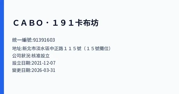 CABO.191卡布坊的照片-統編 91391603(新北市) 公司登記資料與營業項目詳細圖表