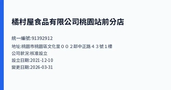 橘村屋食品有限公司桃園站前分店的照片-統編 91392912(桃園市) 公司登記資料與營業項目詳細圖表