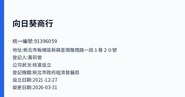 向日葵商行的照片-統編 91396059(新北市) 公司登記資料與營業項目詳細圖表