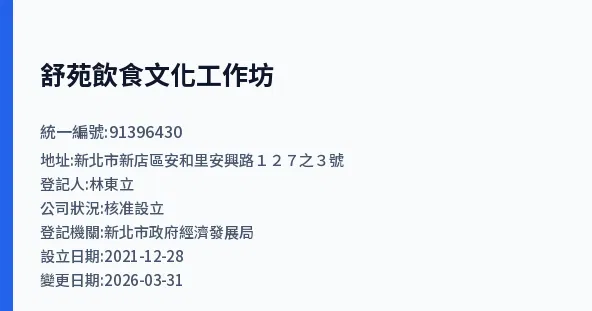 舒苑飲食文化工作坊的照片-統編 91396430(新北市) 公司登記資料與營業項目詳細圖表