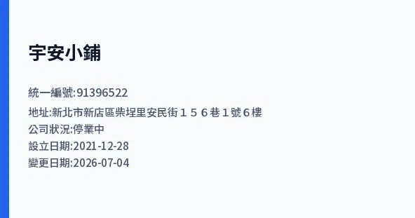 宇安小鋪的照片-統編 91396522(新北市) 公司登記資料與營業項目詳細圖表