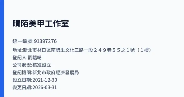 晴陌美甲工作室的照片-統編 91397276(新北市) 公司登記資料與營業項目詳細圖表