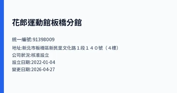 花郎運動館板橋分館的照片-統編 91398009(新北市) 公司登記資料與營業項目詳細圖表