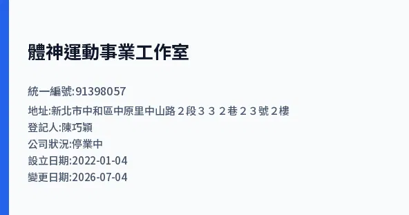 體神運動事業工作室的照片-統編 91398057(新北市) 公司登記資料與營業項目詳細圖表