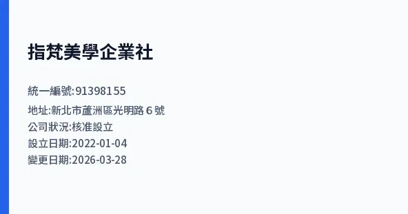 指梵美學企業社的照片-統編 91398155(新北市) 公司登記資料與營業項目詳細圖表