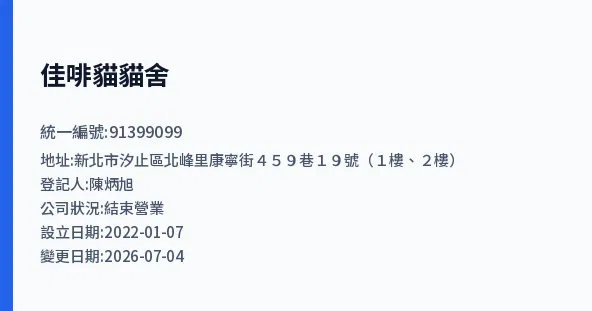 佳啡貓貓舍的照片-統編 91399099(新北市) 公司登記資料與營業項目詳細圖表