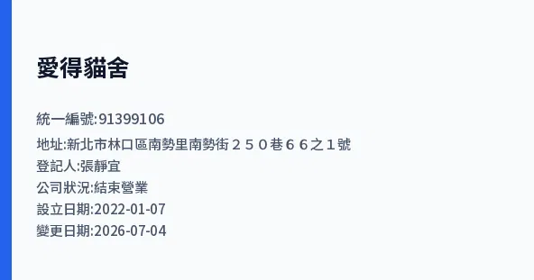 愛得貓舍的照片-統編 91399106(新北市) 公司登記資料與營業項目詳細圖表