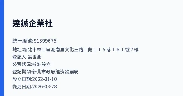 達鋮企業社的照片-統編 91399675(新北市) 公司登記資料與營業項目詳細圖表