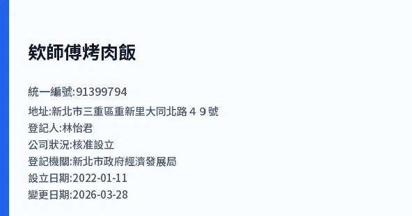 欸師傅烤肉飯的照片-統編 91399794(新北市) 公司登記資料與營業項目詳細圖表