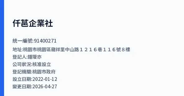 仟䓃企業社的照片-統編 91400271(桃園市) 公司登記資料與營業項目詳細圖表
