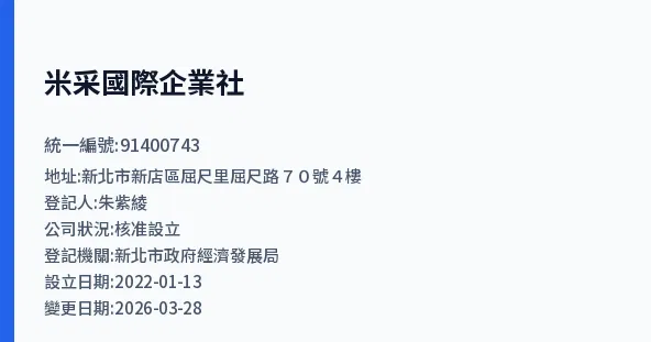 米采國際企業社的照片-統編 91400743(新北市) 公司登記資料與營業項目詳細圖表